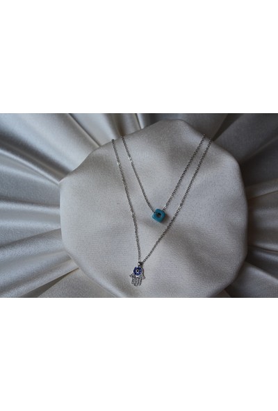 Wow Aksesuar Kadın Fatma Ana'nın Eli Nazar Boncuk Gri Kolye