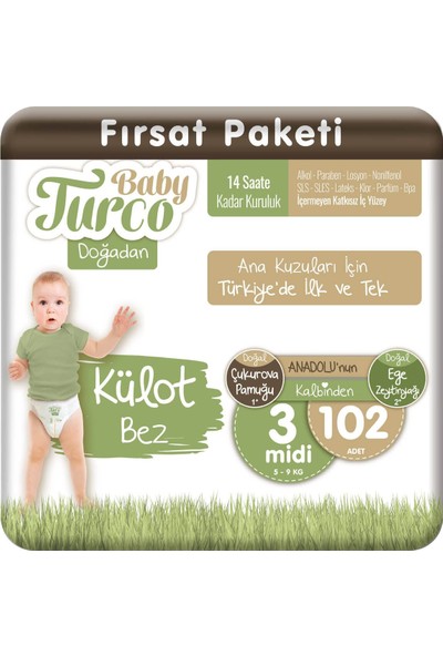 Baby Turco Doğadan Külot Bez 3 Numara Midi 102'LI Baby Turco Doğadan Külot Bez 3 Numara Midi 102'LI