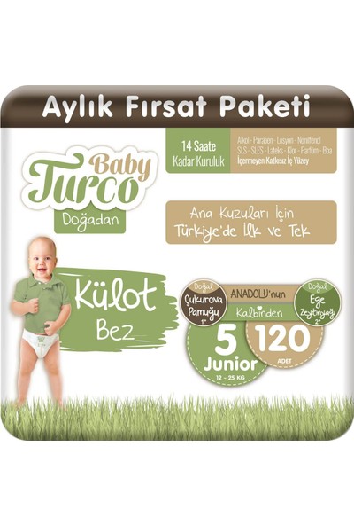 Baby Turco Doğadan Külot Bez 5 Numara Junıor 120'li Baby Turco Doğadan Külot Bez 5 Numara Junıor 120'li