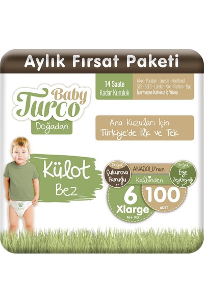 Baby Turco Doğadan Külot Bez 6 Numara Xlarge 100'lü Baby Turco Doğadan Külot Bez 6 Numara Xlarge 100'lü
