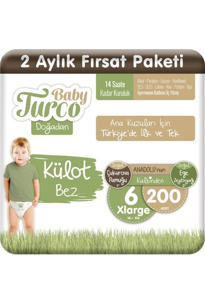 Baby Turco Doğadan Külot Bez 6 Numara Xlarge 200'lü Baby Turco Doğadan Külot Bez 6 Numara Xlarge 200'lü