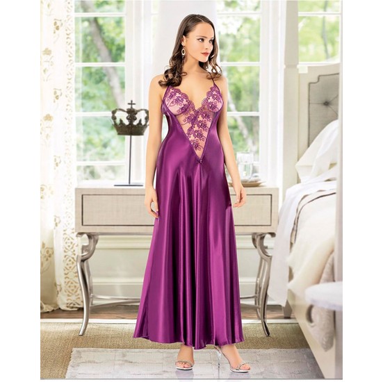 Rocco Shop Özel Dantel Motifli Uzun Saten Mor Kadın Gecelik Fiyatı