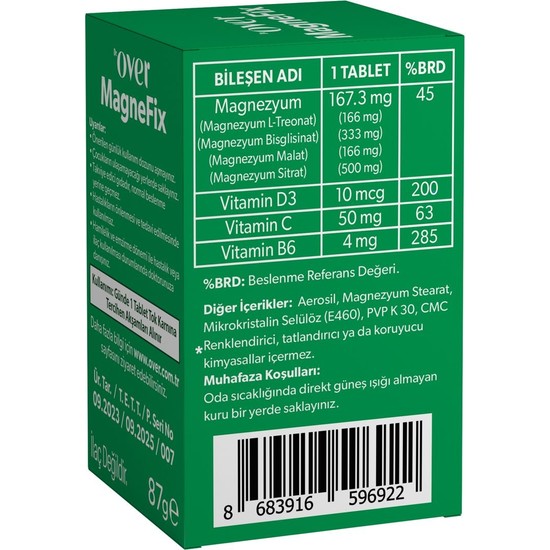 Over Magnefix 60 Tablet Magnezyum, L-Treonat, Bisglisinat, Fiyatı