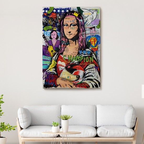 Lila Fil Renkli Mona Lisa Banksy Kanvas Duvar Tablosu, Sokak Fiyatı