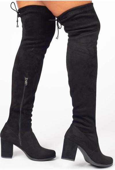 Emella Soli Diz Üstü Siyah Süet Yandan Fermuarlı Streç Çizme