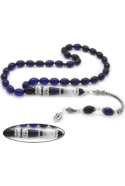 Tesbihname 925 Ayar Gümüş Püsküllü Gümüş Nakkaş İmameli Süzme Mavi Sıkma Kehribar Tesbih