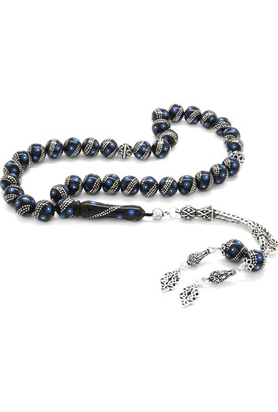 Tesbihname 925 Ayar Gümüş Çift Püsküllü Gümüş-Firuze İşlemeli Erzurum Oltu Taşı Tesbih