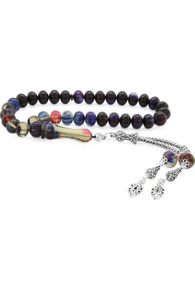 Tesbihname 925 Ayar Gümüş Püsküllü Tekerlek Kesim Süzme Bonibon Ateş Kehribar Tesbih