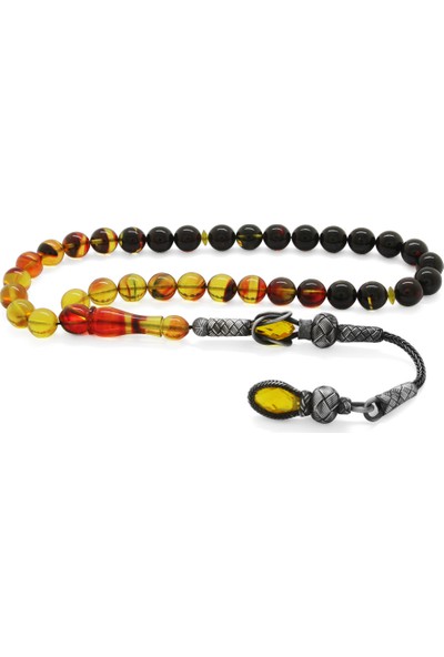 Tesbihname 1000 Ayar Gümüş Kazaz Püsküllü Küre Kesim Süzme Bal Rengi Ateş Kehribar Tesbih