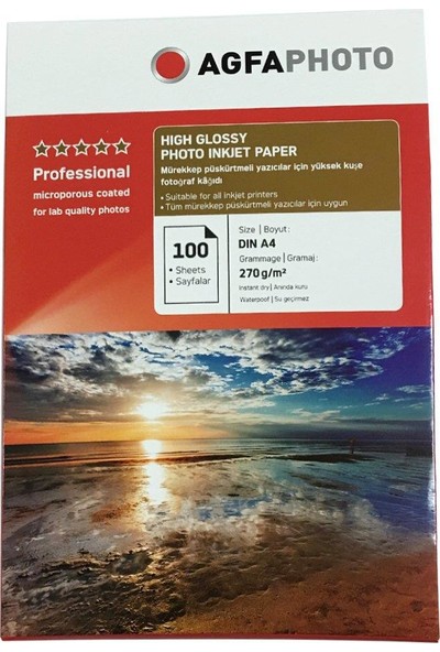 Agfaphoto A4 Parlak Inkjet Kağıt 270 Gram 100'lü Agfaphoto A4 Parlak Inkjet Kağıt 270 Gram 100'lü