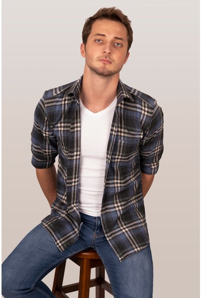 Etikmen Erkek Lacivert Desenli Oduncu Slimfit Gömlek Etikmen Erkek Lacivert Desenli Oduncu Slimfit Gömlek