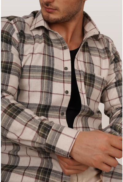 Etikmen Krem Yeşil Desenli Oduncu Gömlek