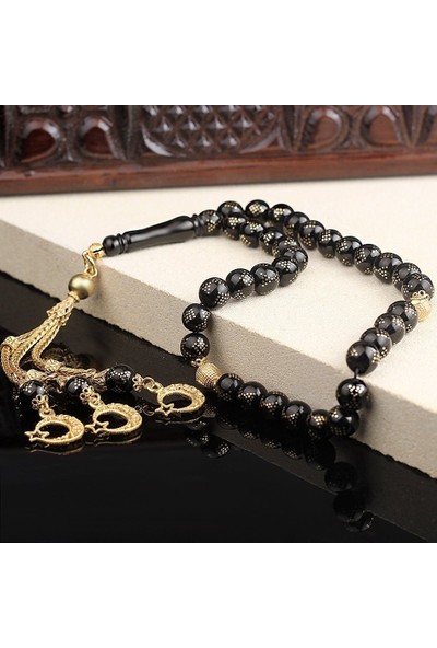 Estetik Gümüş Altın Kaplama Gümüş Püsküllü Oltu Tesbih