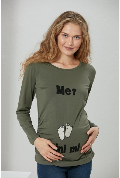 Gör&sin Ayak Baskılı Uzun Kol Hamile Haki Tişört M