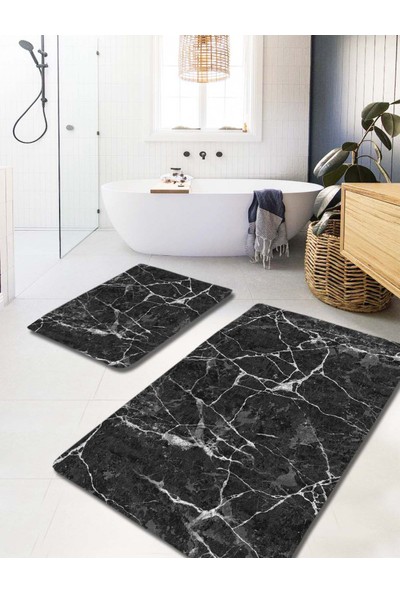 Evimod Dark Marble Siyah Beyaz Mermer Desenli Yıkanabilir 2li Banyo Halısı Paspas Klozet Takımı Evimod Dark Marble Siyah Beyaz Mermer Desenli Yıkanabilir 2li Banyo Halısı Paspas Klozet Takımı
