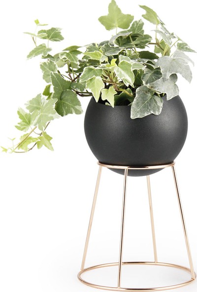 Coho Zarif Bakır Renk Ayaklı Siyah Pürüzlü Küre Saksı