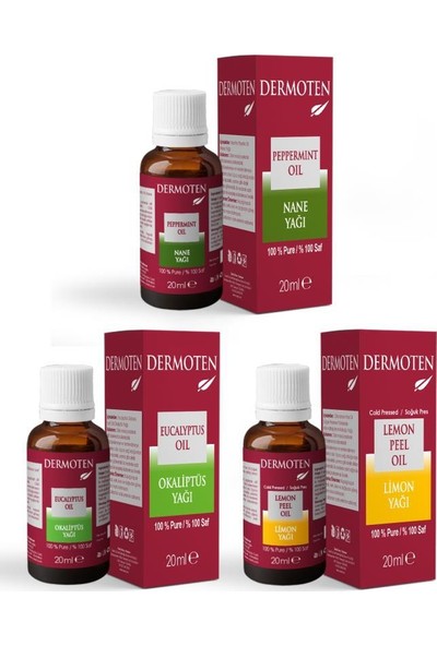 Dermoten Aromaterapi Seti - 3 Ürün (Nane Yağı, Okaliptüs Yağı, Limon Yağı) Dermoten Aromaterapi Seti - 3 Ürün (Nane Yağı, Okaliptüs Yağı, Limon Yağı)