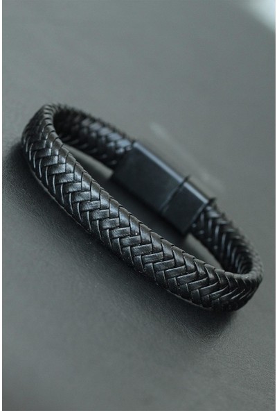 Moco Deri Siyah Erkek Bileklik