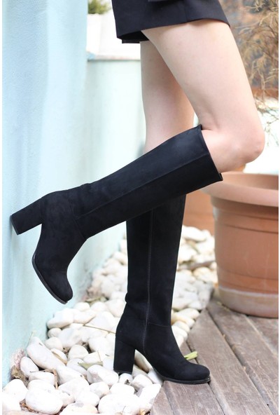 Modabuymus Yuvarlak Burun Siyah Süet Kalın Topuk Kadın Çizme - Barkab