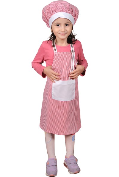 Mandalin Consept Çocuk Mutfak Önlüğü Şapkalı Kırmızı Çizgili Mandalin Consept Çocuk Mutfak Önlüğü Şapkalı Kırmızı Çizgili