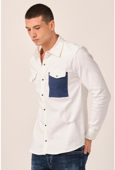 Shoppingdimoda Electra Beyaz Cep Detaylı Denim Gömlek