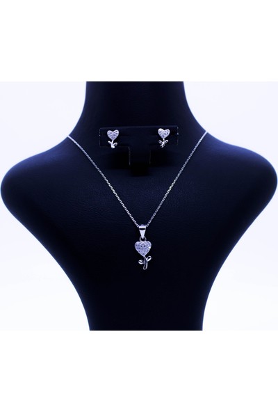 Plt Silver Gümüş Kalpli Çiçek Set (Küpe+Kolye)