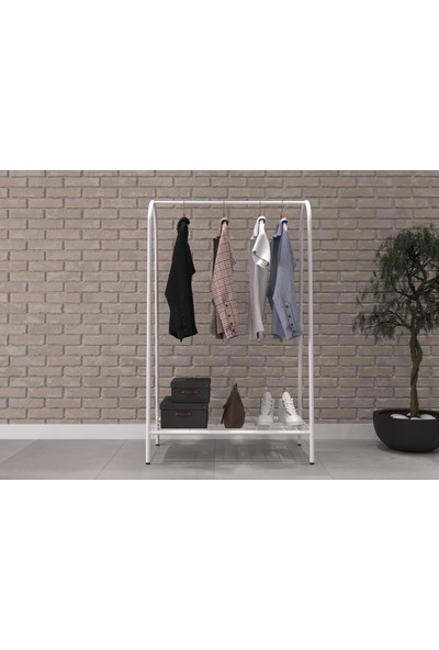 Uyan Beyaz Metal Ayaklı Raflı Elbise Askılığı