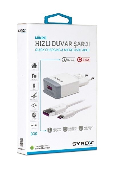 Syrox Microusb Girişli 3.0 Amper 1m Hızlı Şarj Aleti SYX-Q30 Syrox Microusb Girişli 3.0 Amper 1m Hızlı Şarj Aleti SYX-Q30