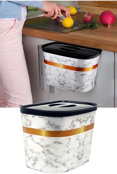 Leva House Askılı Çöp Kovası Kapaklı Mermer Desenli Dolap Kapağına Asılır 6 lt