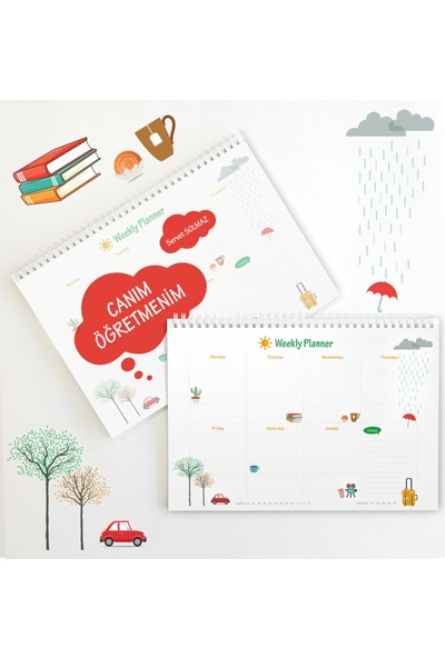 Bi'aldım Öğretmenler Gününe Özel Isimli Haftalık Planlayıcı Sümen - A4 Boy Kırmızı