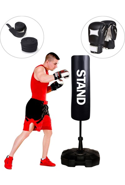 Spor Byfit 150 cm Ayaklı Yaylı Boks Vurma Standı + Boks Eldiveni + Boks El Sargı Bandajı