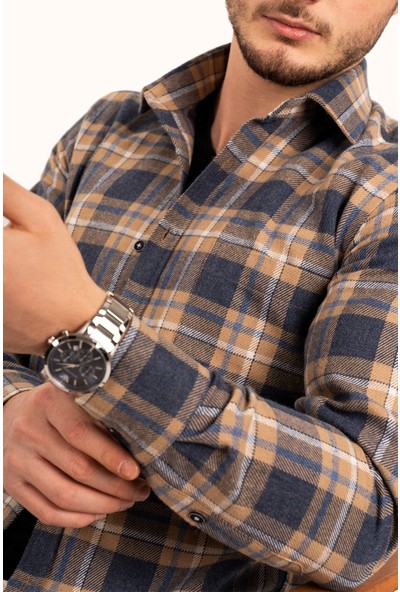 Etikmen Hardal Lacivert Çizgili Slimfit Oduncu Gömlek Etikmen Hardal Lacivert Çizgili Slimfit Oduncu Gömlek