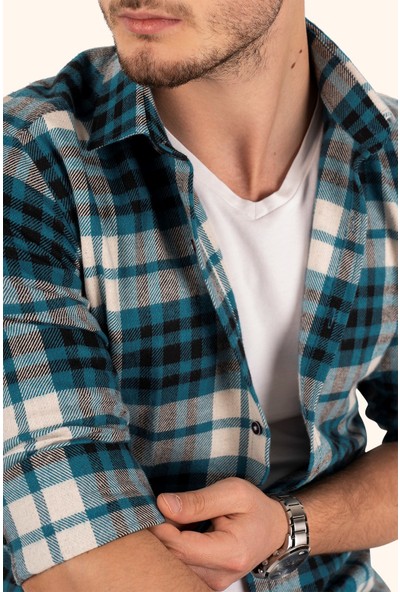 Etikmen Turkuaz Beyaz Çizgili Slimfit Oduncu Gömlek Etikmen Turkuaz Beyaz Çizgili Slimfit Oduncu Gömlek