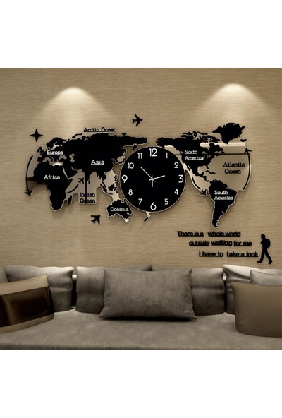 Custom Dekorasyon Duvar Saatli Dünya Haritası Pleksi 120X55