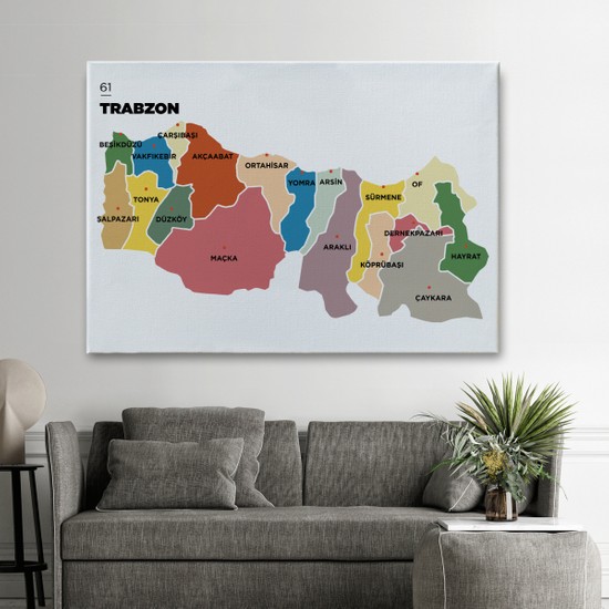 Trabzon Ili ve Ilçeler Haritası Dekoratif Kanvas Duvar Fiyatı