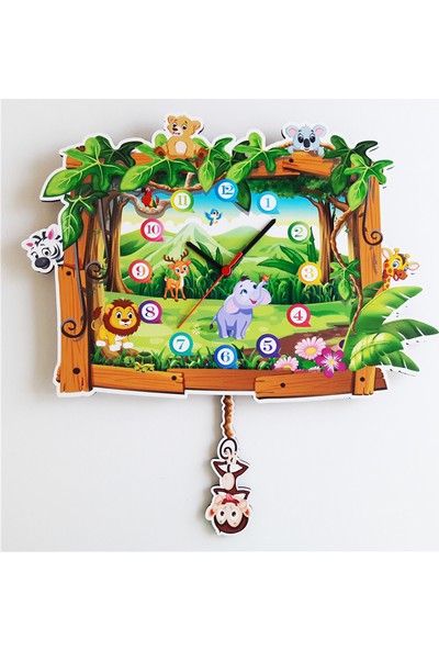 Arya Ahşap Sarkaçlı Anımals Çocuk Odası Saat