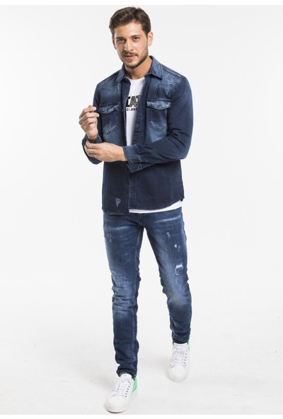 Shoppingdimoda Electra Lacivert Önü Düğmeli Kot Gömlek