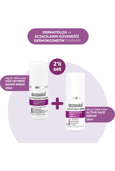 Dermoskin Kırışıklık Karşıtı Aktif Yüz Serumu 15 ml + Göz Çevresi Bakım Kremi 15 ml 2'li Set
