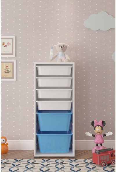 Pratico 2 Büyük 4 Küçük Mavi Beyaz Sepetli Oyuncak Dolabı