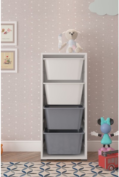 Pratico 4 Derin Sepetli Gri Beyaz Çok Amaçlı Oyuncak Dolabı
