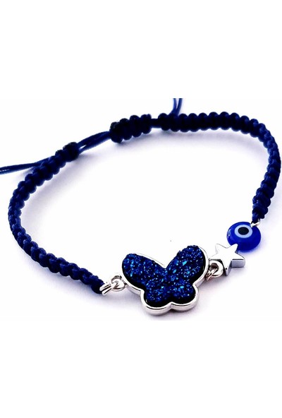 Funny Takı Gümüş Rengi Hematit Yıldızlı Lacivert Nazar Boncuklu Pırıltılı Kelebek Bileklik