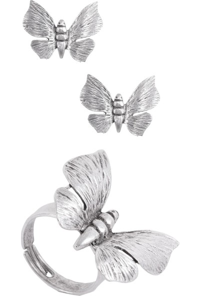 Labalaba Kadın Antik Gümüş Kaplama Ayarlanabilir Kelebek Küpe - Yüzük 2'li Set Labalaba Kadın Antik Gümüş Kaplama Ayarlanabilir Kelebek Küpe - Yüzük 2'li Set