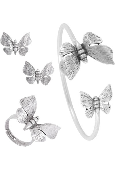 Labalaba Kadın Antik Gümüş Kaplama Ayarlanabilir Kelebek Bileklik - Küpe - Yüzük 3'lü Set Labalaba Kadın Antik Gümüş Kaplama Ayarlanabilir Kelebek Bileklik - Küpe - Yüzük 3'lü Set