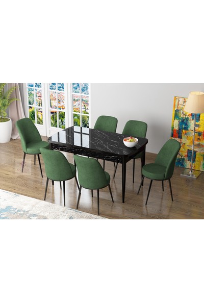 Canisa Concept Zen Siyah Mermer Yemek Masası Takım Mutfak Masası Takımı 6 Sandalye