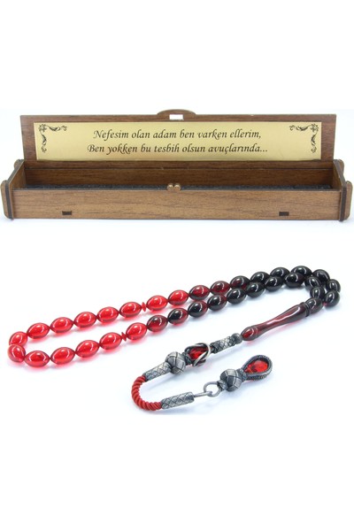Tesbih Otağı Kırmızı Siyah Renk Süzmesi Ateş Kehribar Tesbih Gümüş Püskül