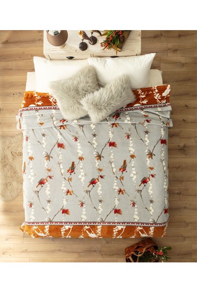 Madame Coco Tignes Wellsoft Baskılı Tek Kişilik Battaniye - Gri / Turuncu