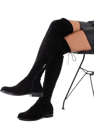 Big Ayakkabı Dizüstü Siyah Streç Licralı Kadın Çizme