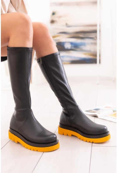 Limoya Harleigh Siyah/Sarı Deri Fermuarlı Bot