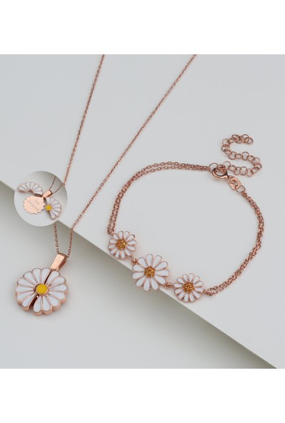 Gümüşistan 925 Ayar Gümüş Papatya Kişiye Özel Kolye Bileklik Set