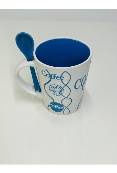 Porselen Kaşık Mug Kupa Beyaz Renk Turkuaz Kabartma Coffee Yazılı